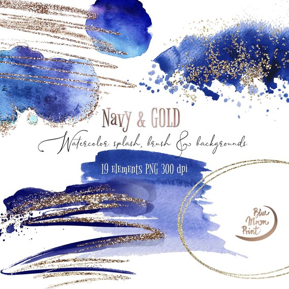 Navy Blue With Gold Watercolor Splash and Brush Stroke - Etsy