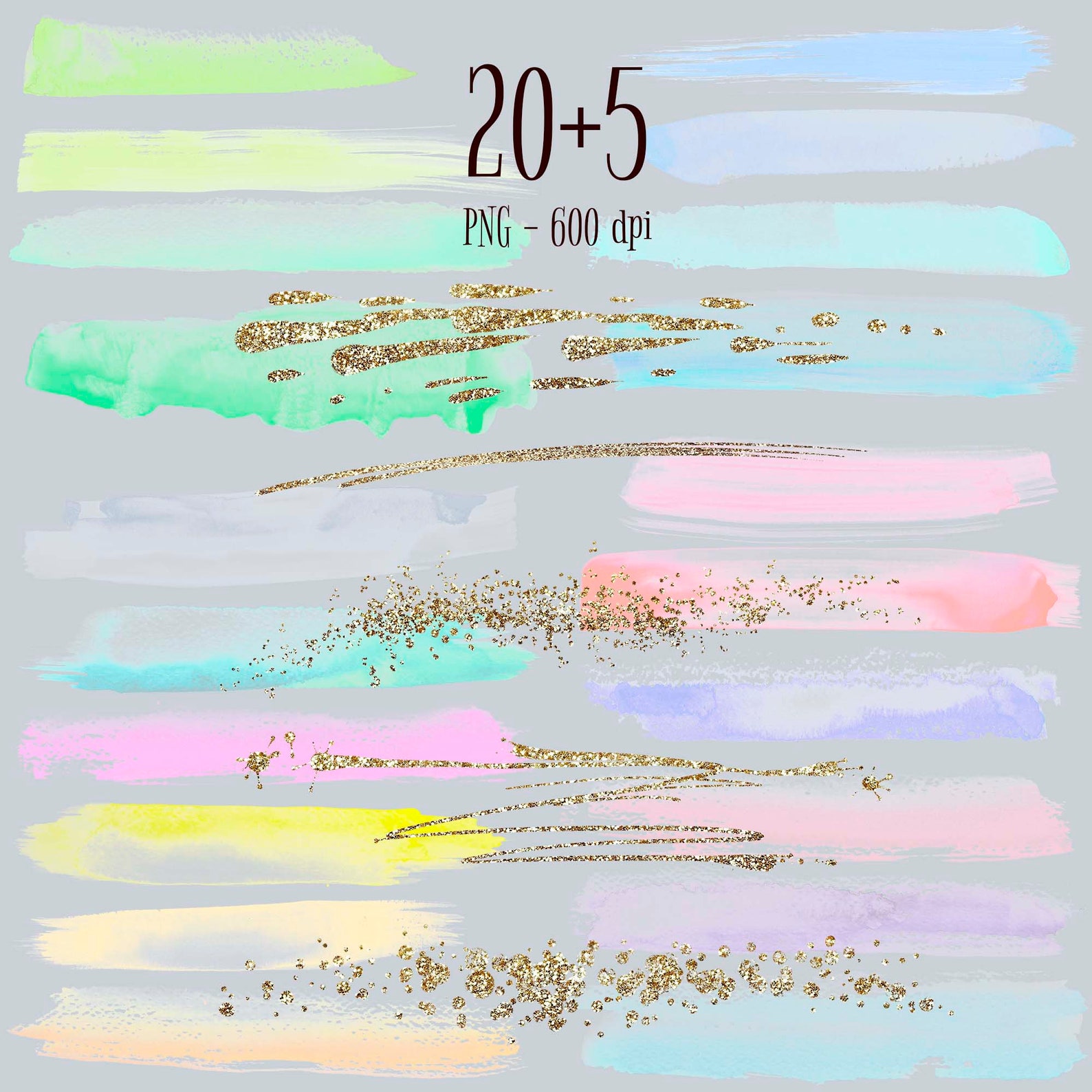 Pastel Watercolor Brush Strokes Clipart. Set of 25 PNG Clip Art Files ...