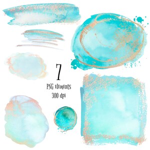 Turquoise With Gold Watercolor Splash and Brush Stroke Clipart ...