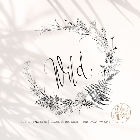 Wild Fern Wreath Decorative Graphics Black Gold and White | Etsy