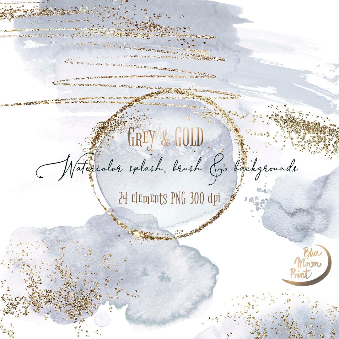 Gray With Gold Watercolor Splash and Brush Stroke Clipart, Decorative ...