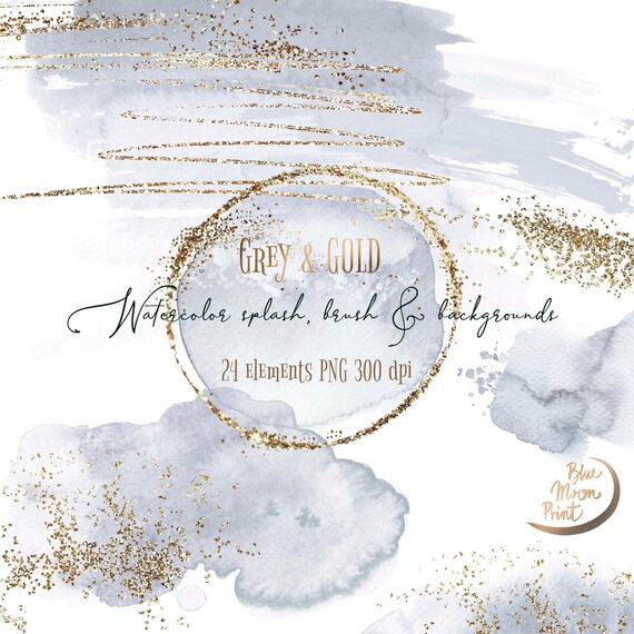 Gray With Gold Watercolor Splash and Brush Stroke Clipart - Etsy