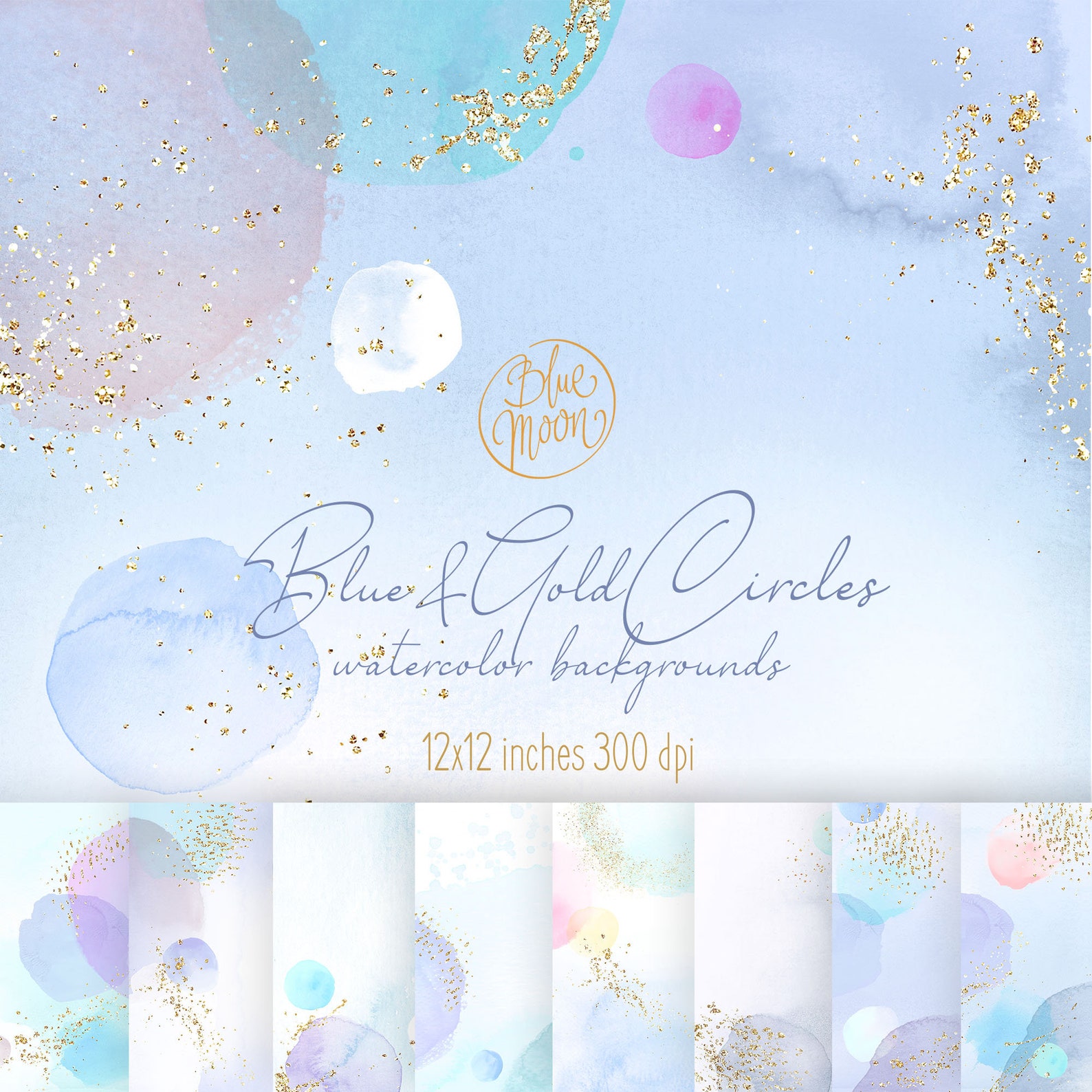 Blue with Gold watercolor backgrounds pastel textures | Etsy