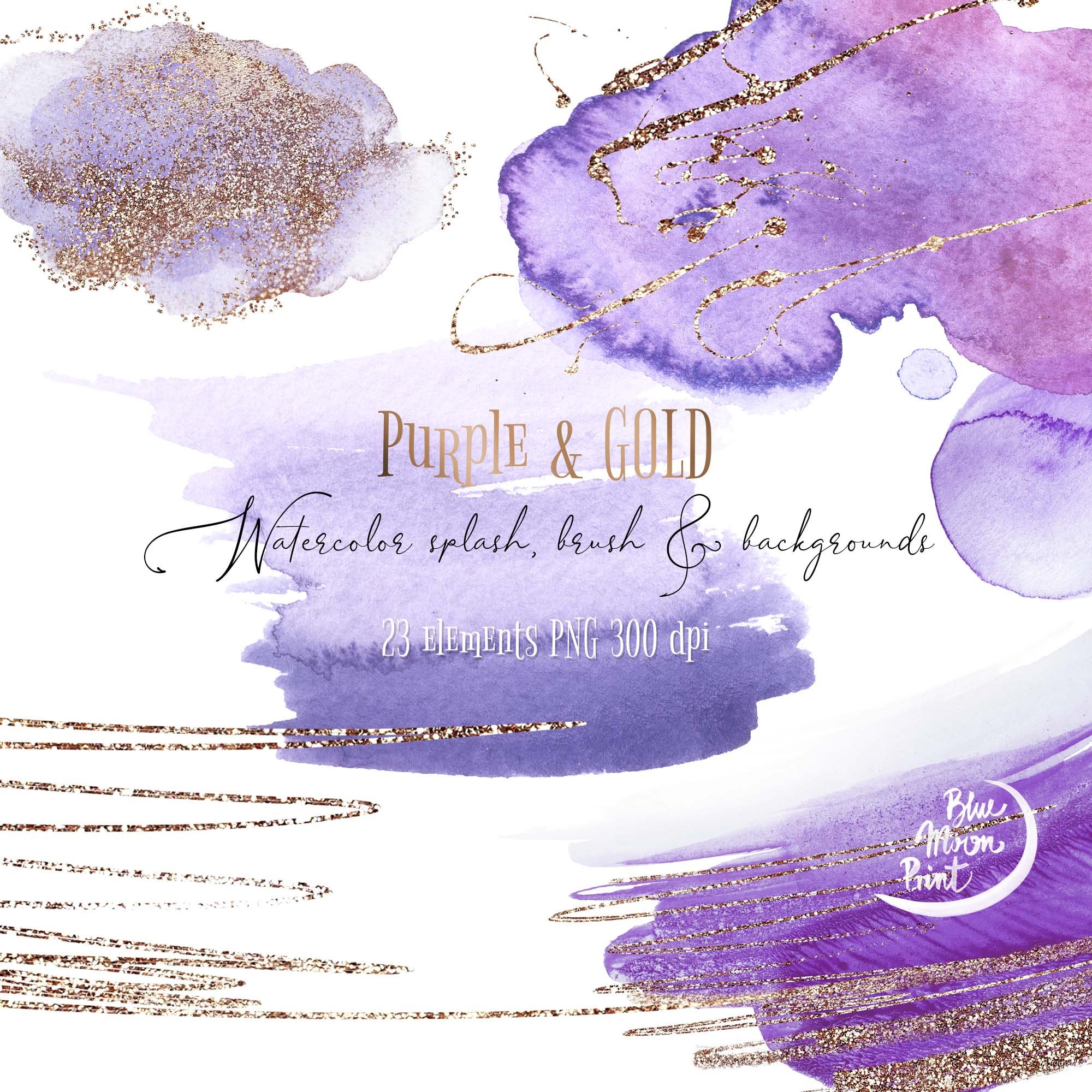 Purple and Gold Watercolor Splash and Brush Stroke Clipart - Etsy UK