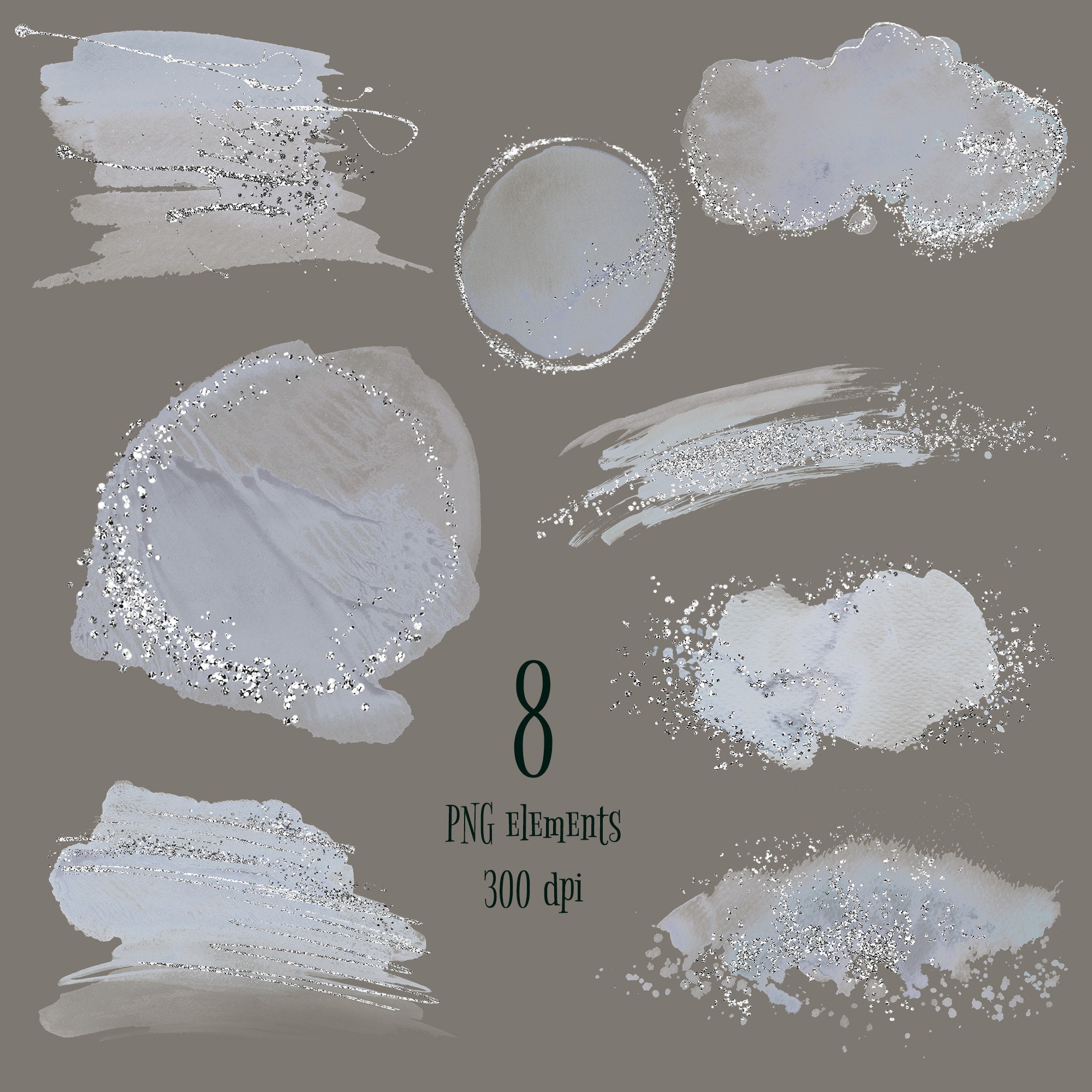 Gray With Silver Watercolor Splash Clipart, Decorative Textures. Set of ...