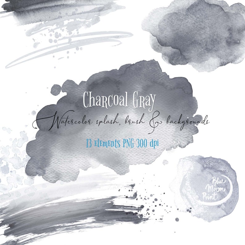 Charcoal gray watercolor splashes and brush strokes clip art | Etsy