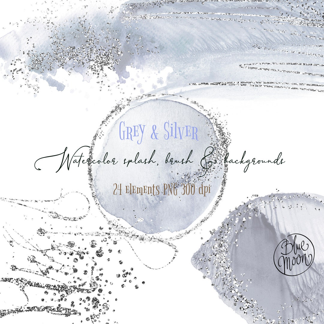 Gray With Silver Watercolor Splash Clipart, Decorative Textures. Set of ...