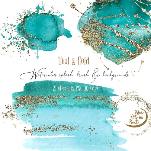 Teal and Gold Balloons Clipart Glitter Balloon Png Digital - Etsy