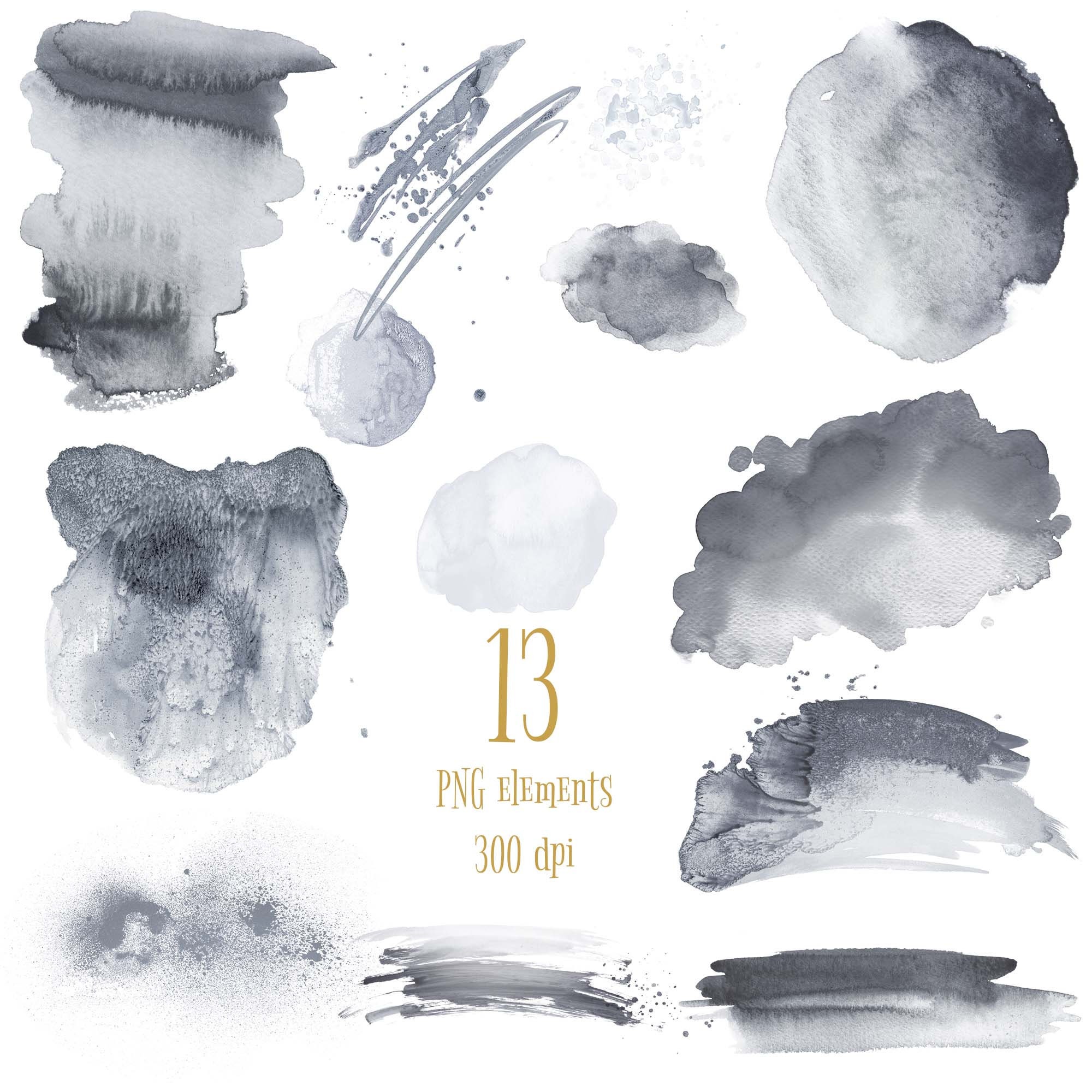 Charcoal Gray Watercolor Splashes and Brush Strokes Clip Art - Etsy