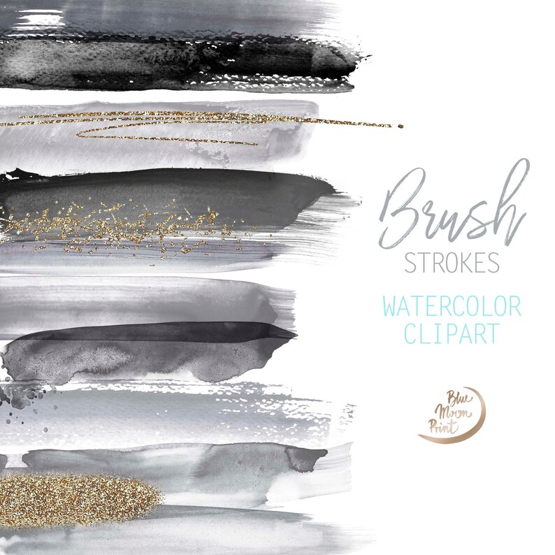 Gray and black watercolor brush strokes clipart. Set of 25 PNG | Etsy