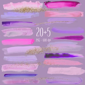 Purple Pink Lavender Watercolor Brush Strokes Clipart. Set of 25 PNG ...