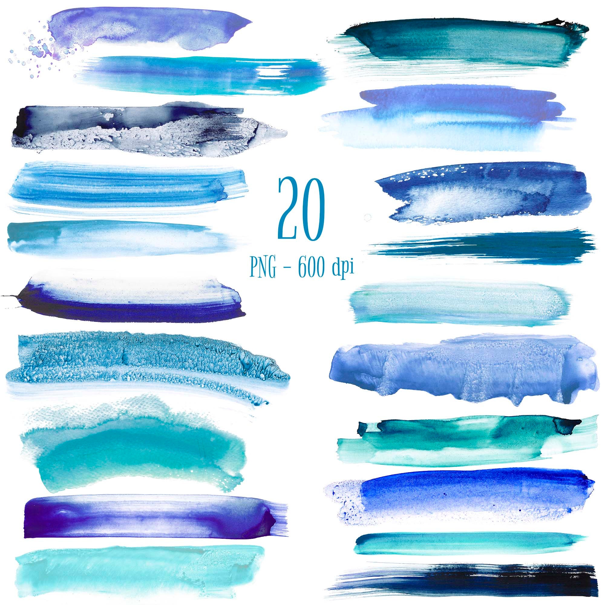 Blue Watercolor Brush Strokes Clipart. Set of 25 PNG Clip Art - Etsy