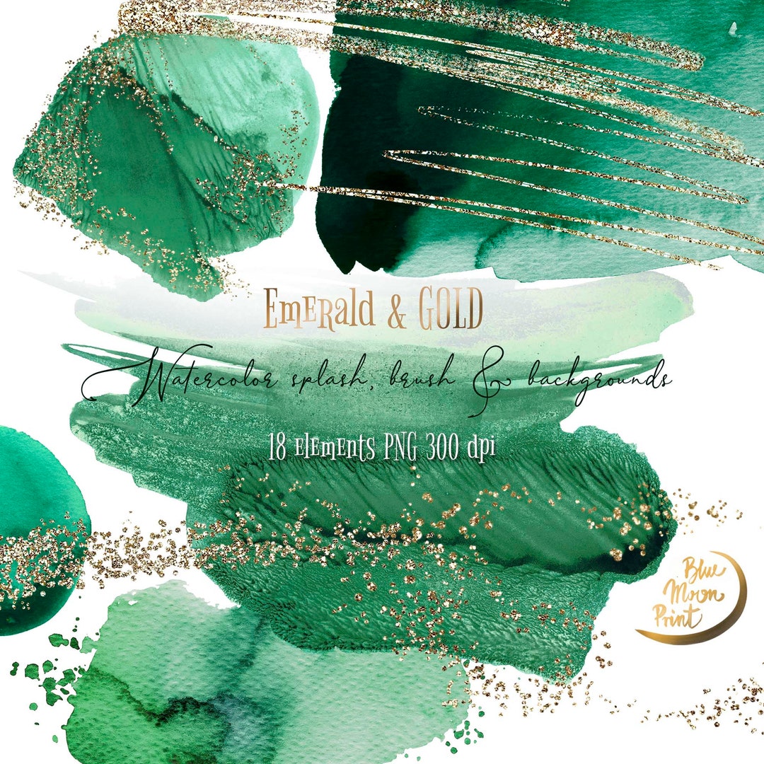 Emerald With Gold Watercolor Splash and Brush Stroke Clipart, Abstract ...