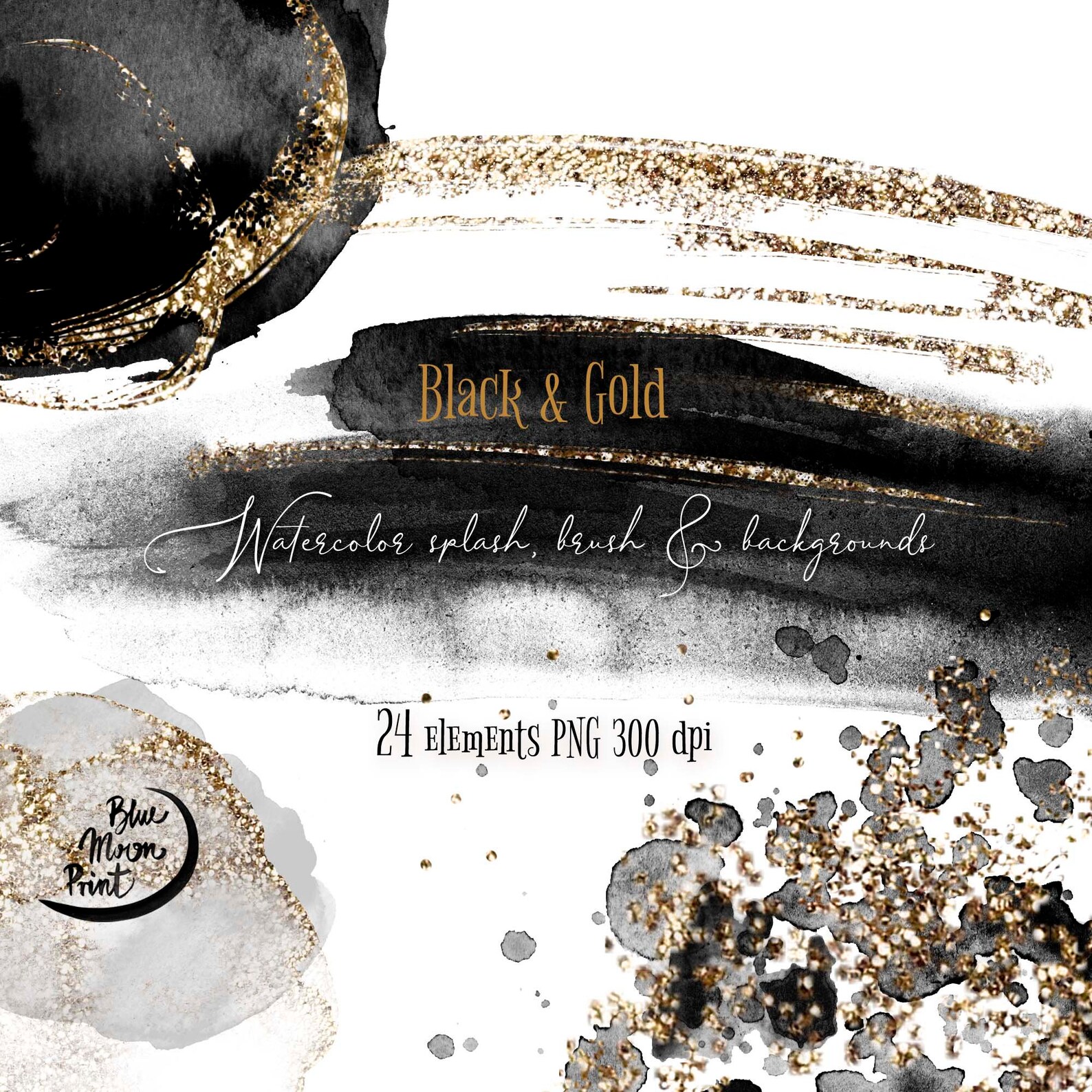 Black and Gold Watercolor Splashes and Brush Strokes Textures - Etsy