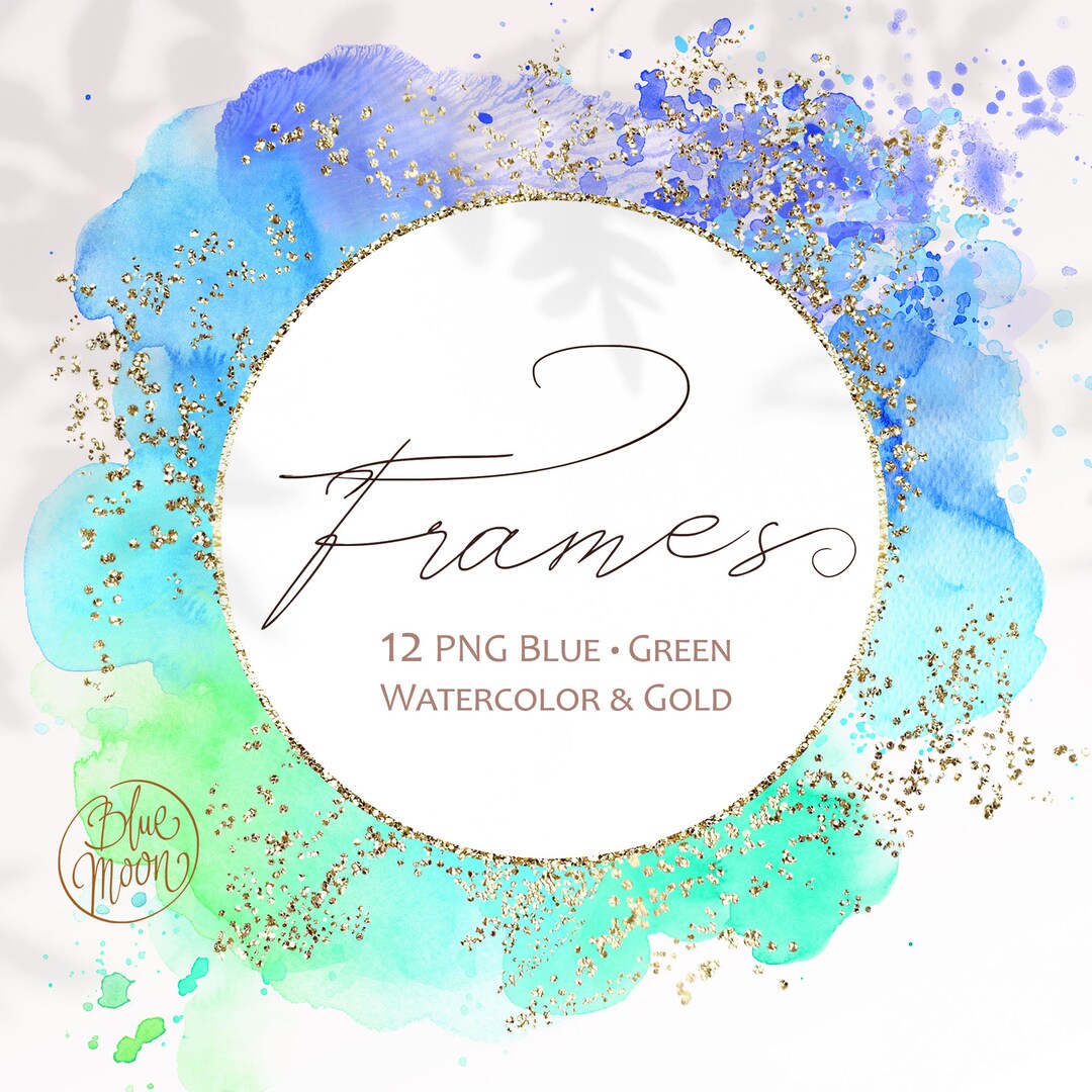 Set of Watercolor Blue Green Frames Gold Decorative Graphics - Etsy