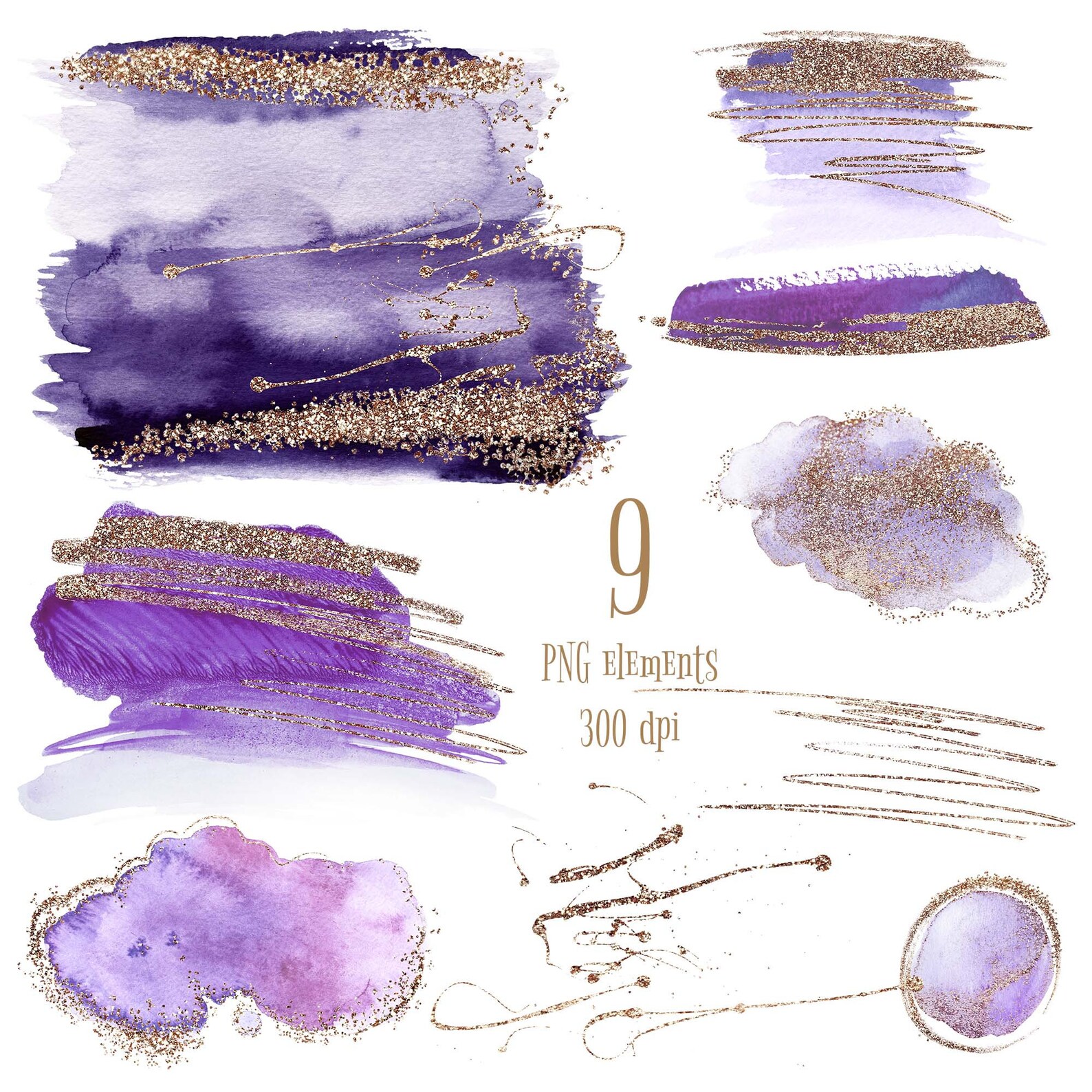 Purple and Gold Watercolor Splash and Brush Stroke Clipart | Etsy