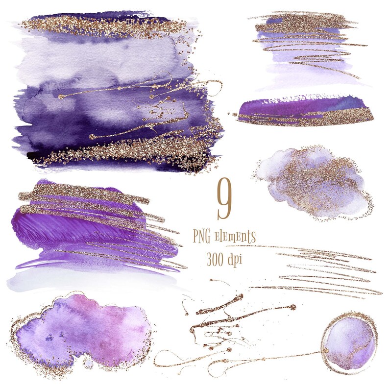 Purple and Gold Watercolor Splash and Brush Stroke Clipart | Etsy UK