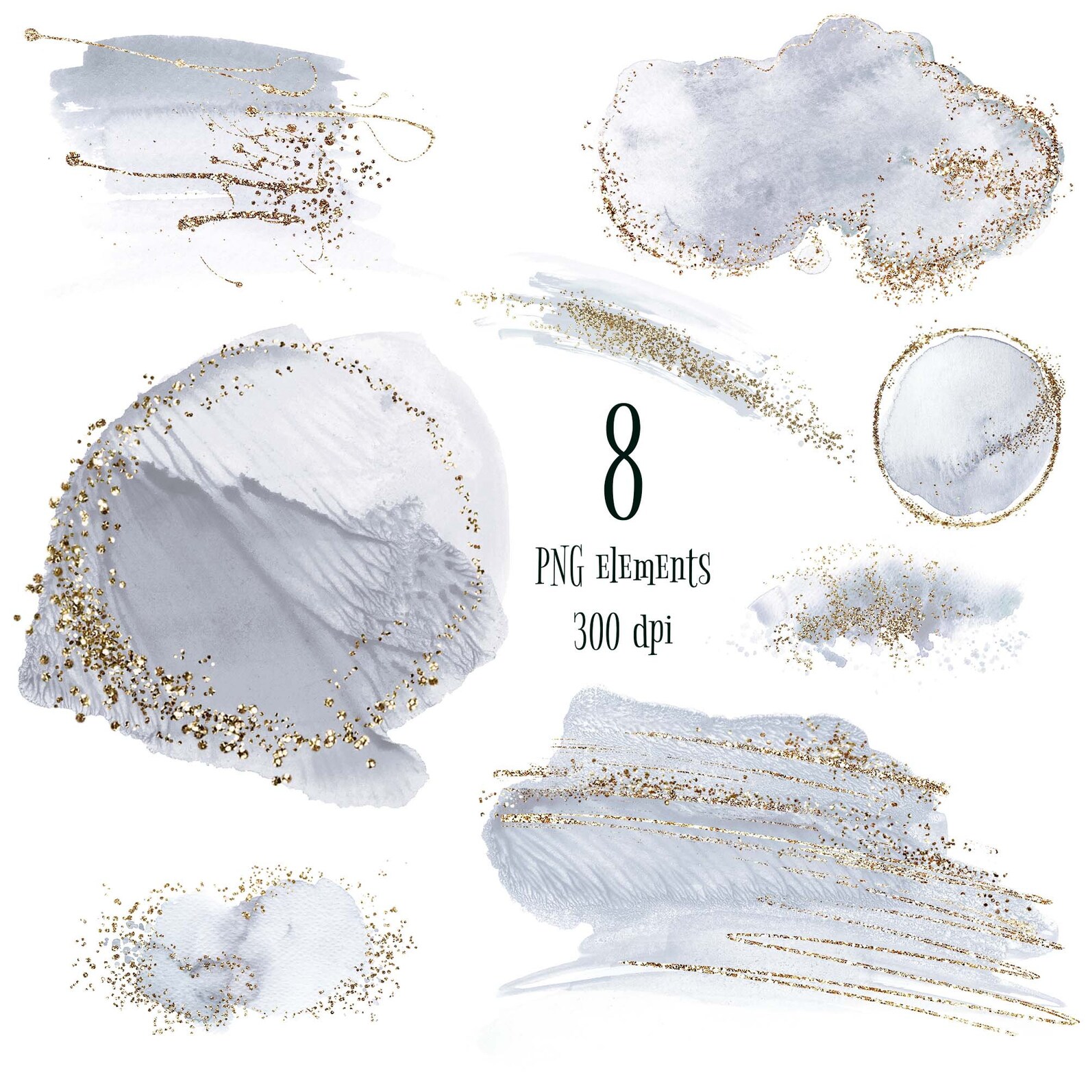 Gray With Gold Watercolor Splash and Brush Stroke Clipart - Etsy