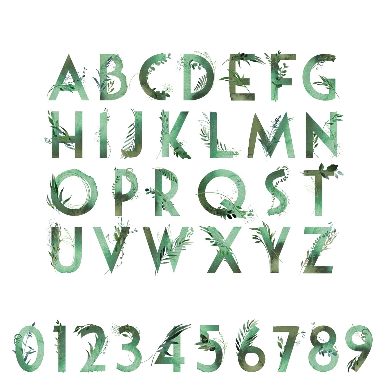 Green Watercolor Alphabet Clipart Letters and Numbers With | Etsy