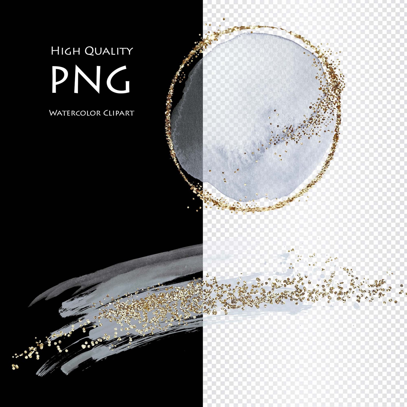 Gray With Gold Watercolor Splash and Brush Stroke Clipart - Etsy