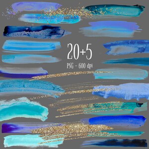 Blue Watercolor Brush Strokes Clipart. Set of 25 PNG Clip Art Files ...
