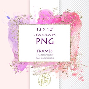 Set of Watercolor Red Pink Violet Frames, Gold Decorative Graphics ...