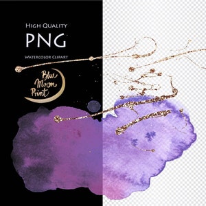 Purple and Gold Watercolor Splash and Brush Stroke Clipart, Abstract ...