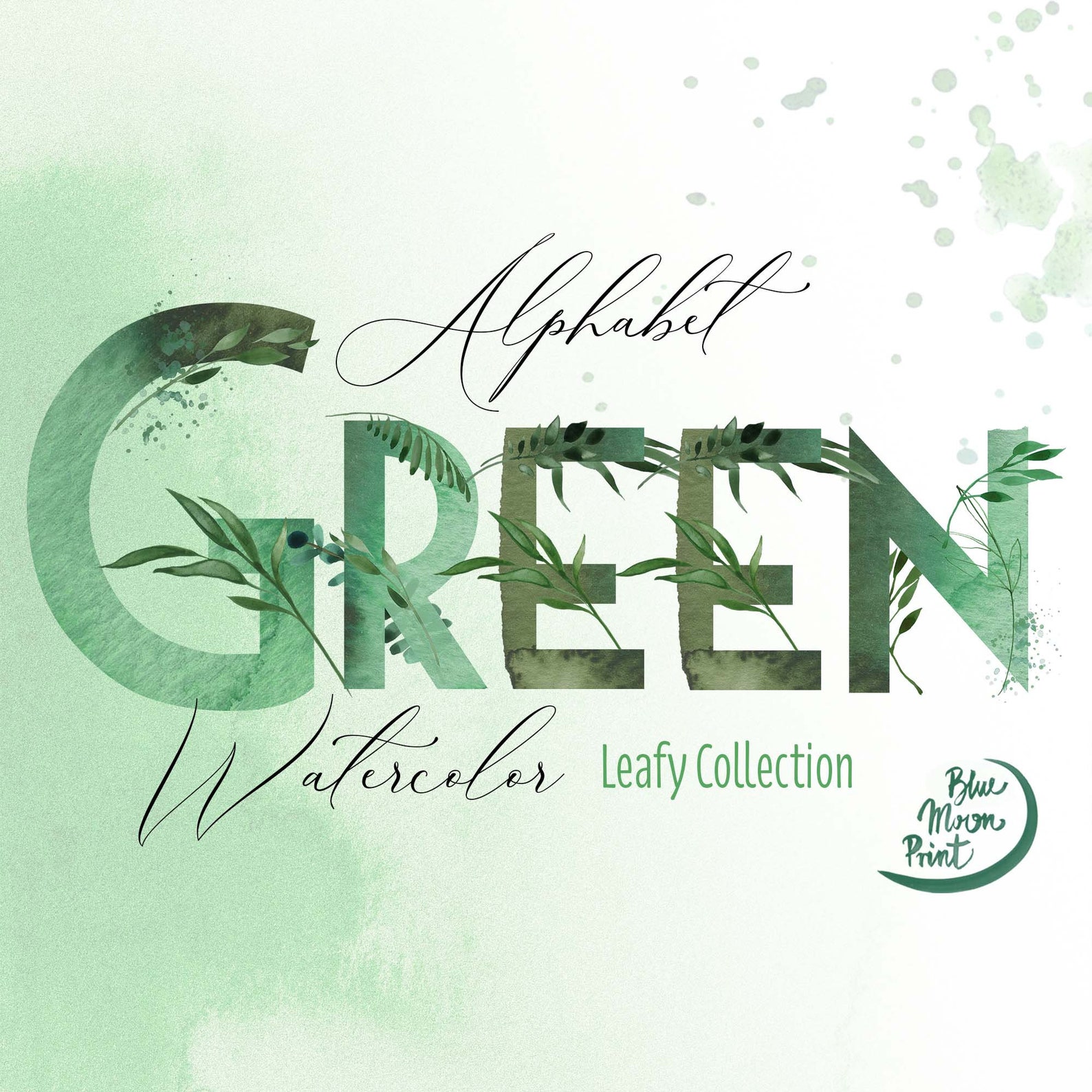 Green Watercolor Alphabet Clipart Letters and Numbers With | Etsy