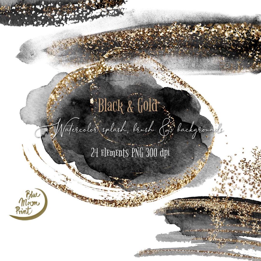 Black and Gold Watercolor Splashes and Brush Strokes, Textures and ...