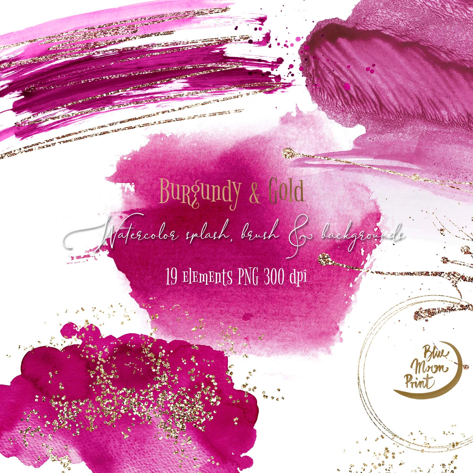 Burgundy With Gold Watercolor Splash and Brush Stroke Clipart - Etsy