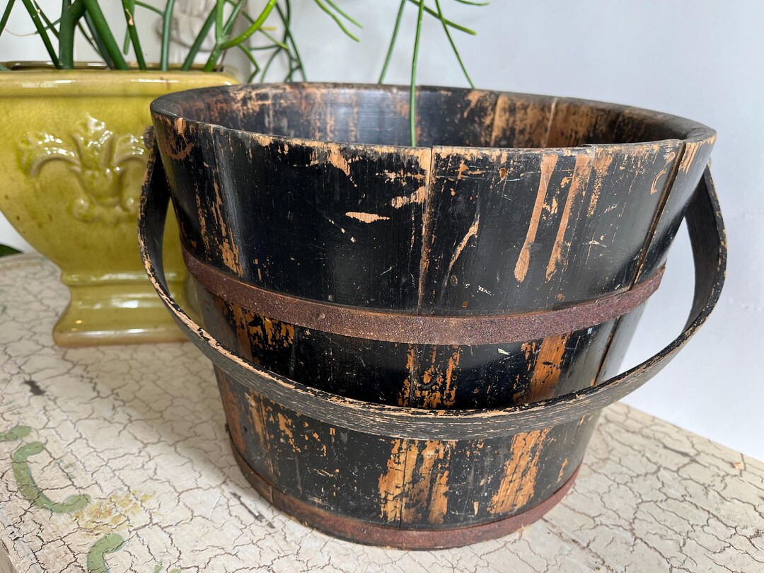 Old Primitive Wooden Bucket With Handle Stave Wooden Bucket Farm House ...