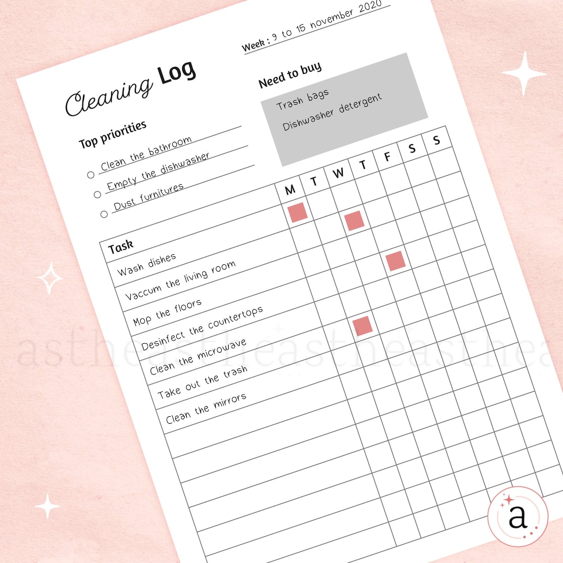 Cleaning Log, Cleaning Tracker, Printable Tracker, Undated Planner ...