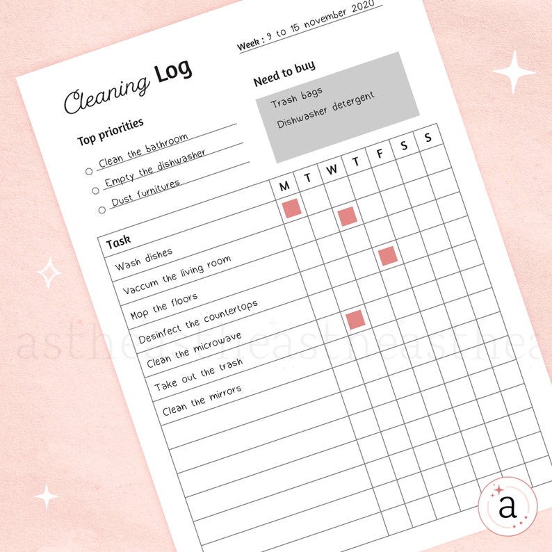 Cleaning Log, Cleaning Tracker, Printable Tracker, Undated Planner ...