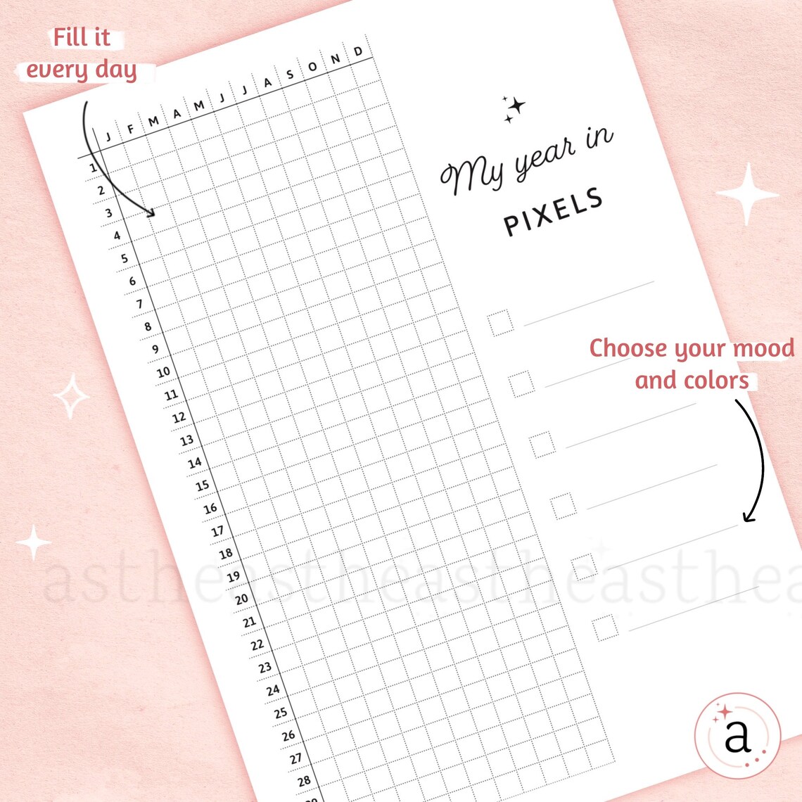 My Year in Pixels, Mood Tracker, Printable Tracker, Mood Journal, Year ...
