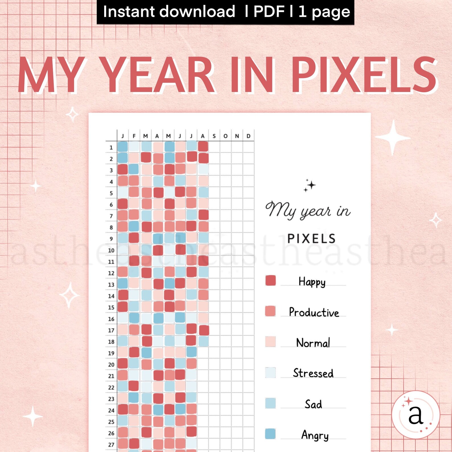 My Year in Pixels, Mood Tracker, Printable Tracker, Mood Journal, Year ...