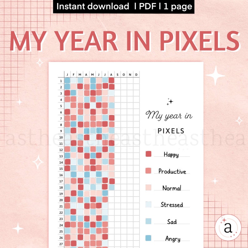 My Year in Pixels, Mood Tracker, Printable Tracker, Mood Journal, Year ...