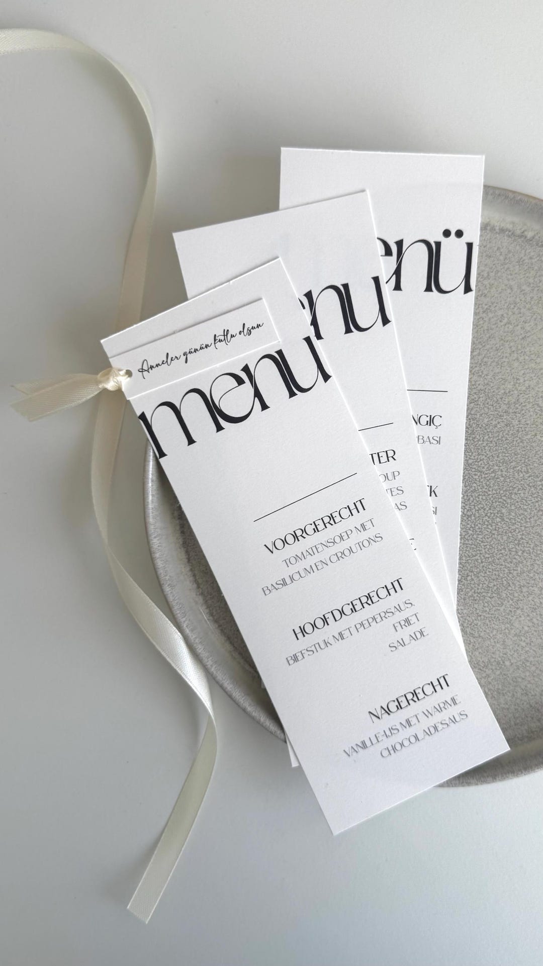 Minimalist Menu Card Set | Printed Menu & Name Tag With Ribbon ...