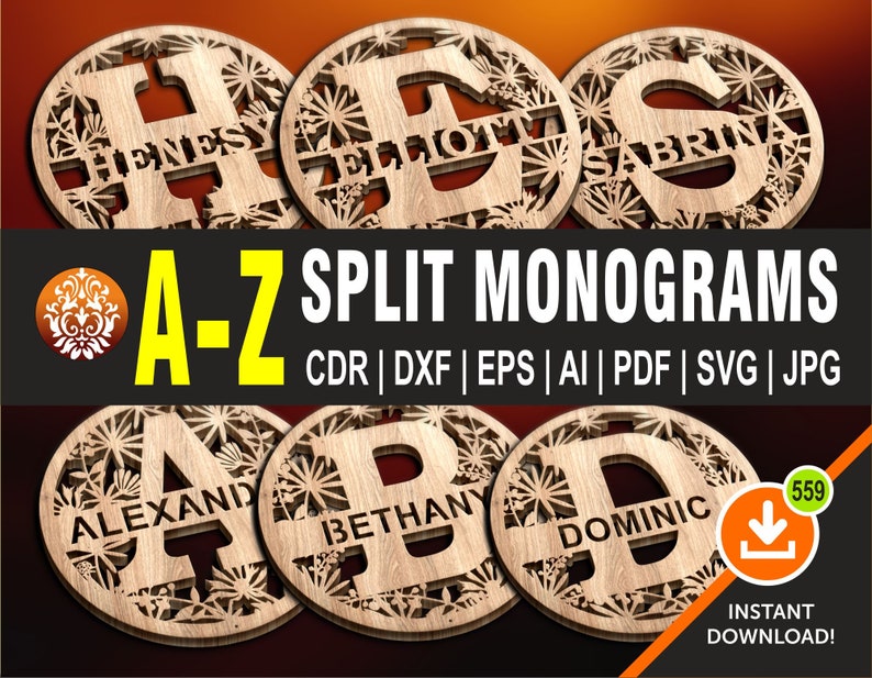 Split Letter Monograms Leaf - ALPHABET - 26 Letters / Name Frames Metal ...