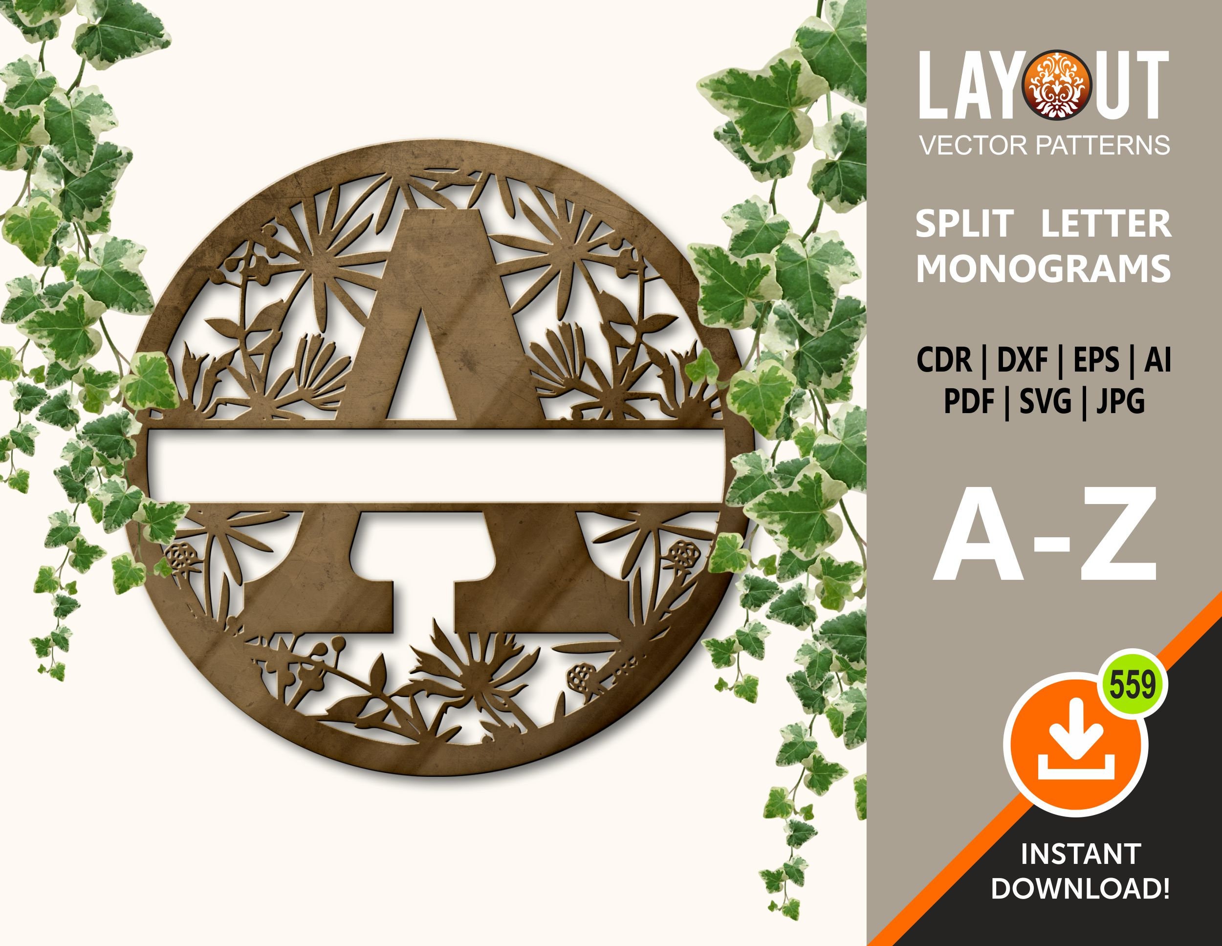 Split Letter Monograms Leaf - ALPHABET - 26 Letters / Name Frames Metal ...