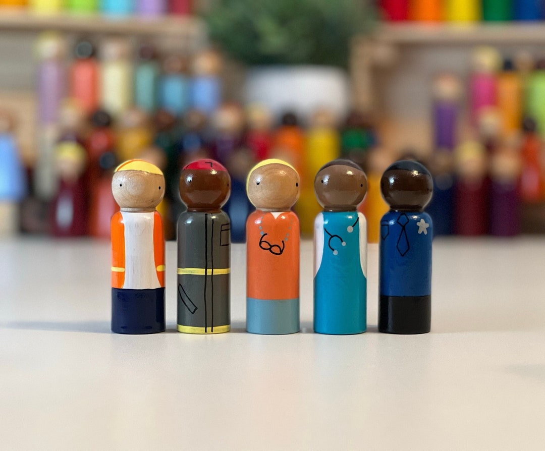 Peg Dolls, Large Community Helper Set of 5 Peg Dolls, Wooden Toys, 3 9/ ...