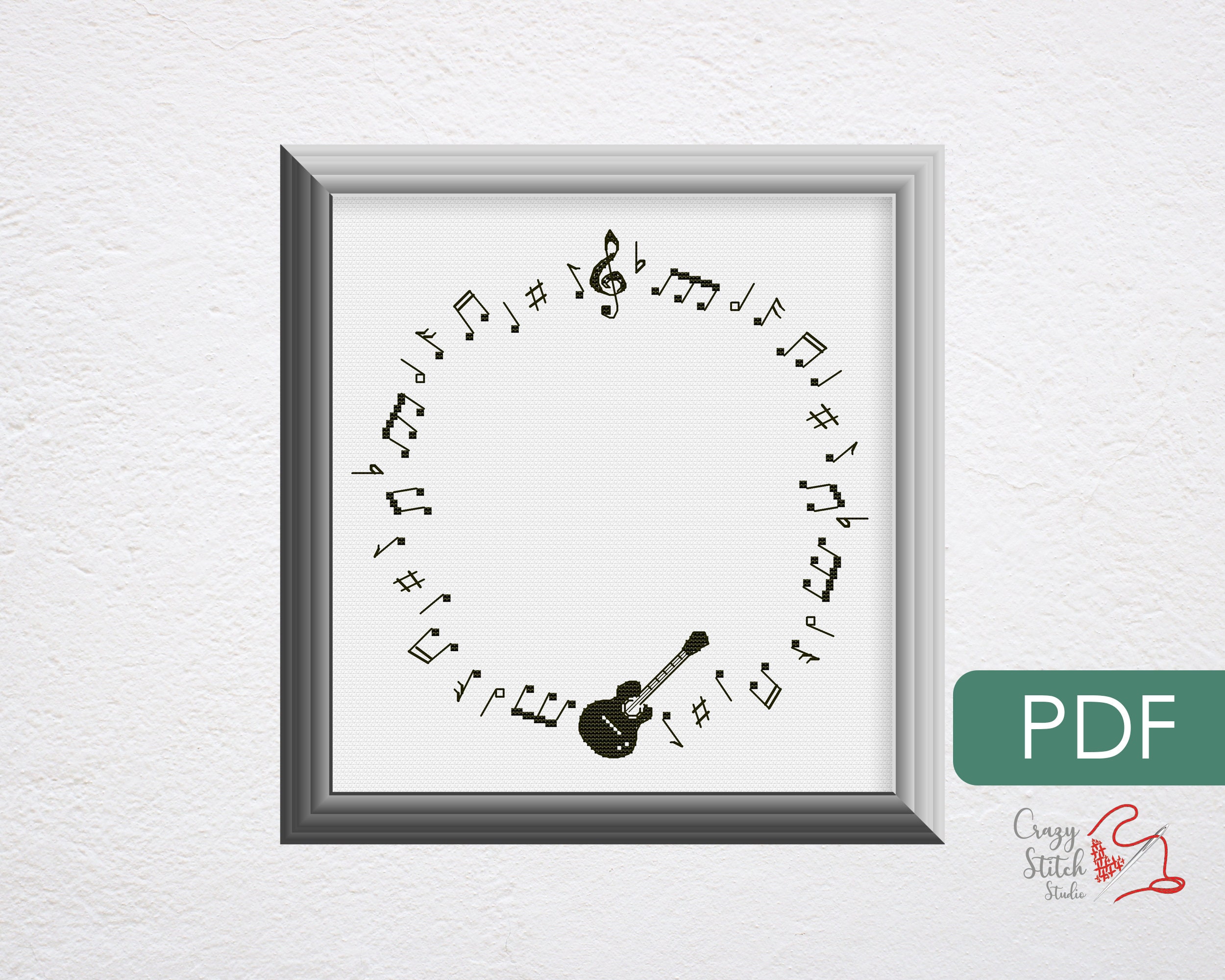 Music notes cross stitch border pattern PDF. Small guitar | Etsy