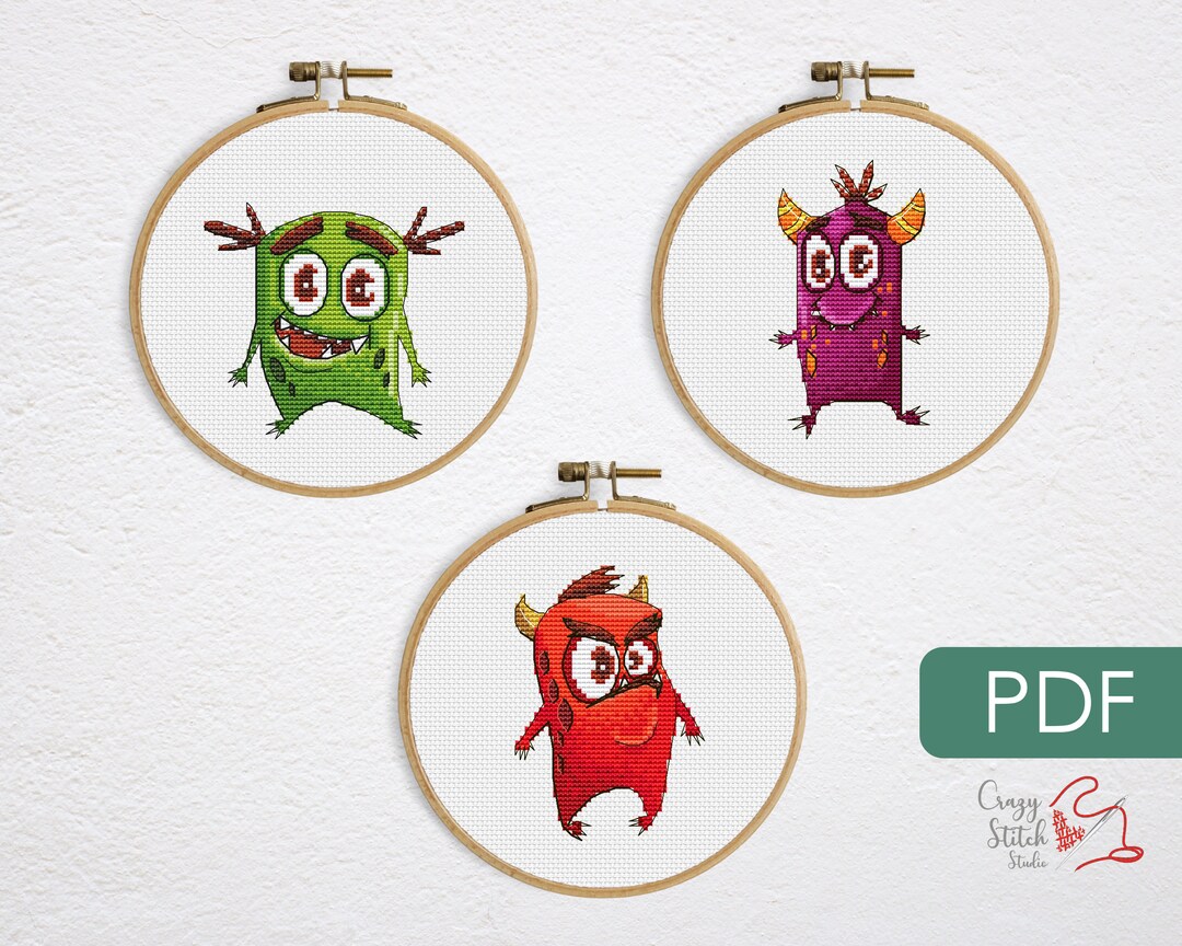 Set of Monster Cross Stitch Pattern Pdf. Small Funny Crossstitch. Cute ...
