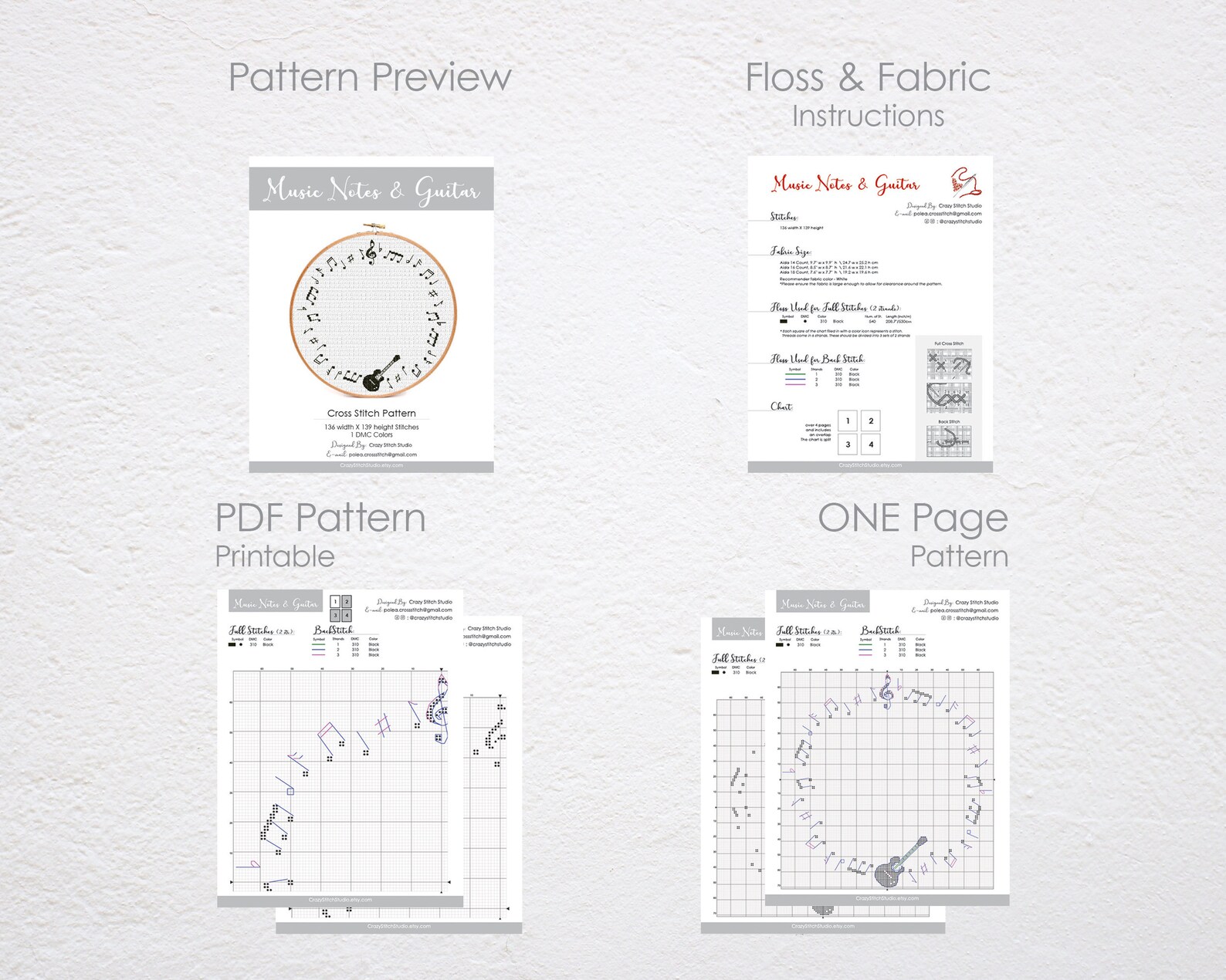 Music Notes Cross Stitch Border Pattern PDF. Small Guitar Crossstitch ...