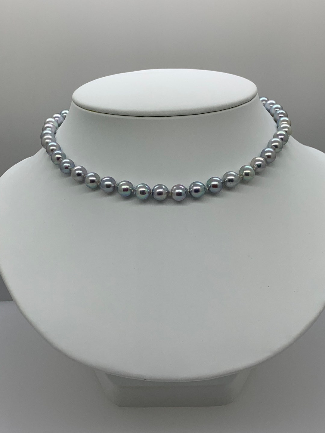 Natural Blue Japanese Akoya Pearl Necklace and Earrings 14KYG 7.9-8.3mm ...