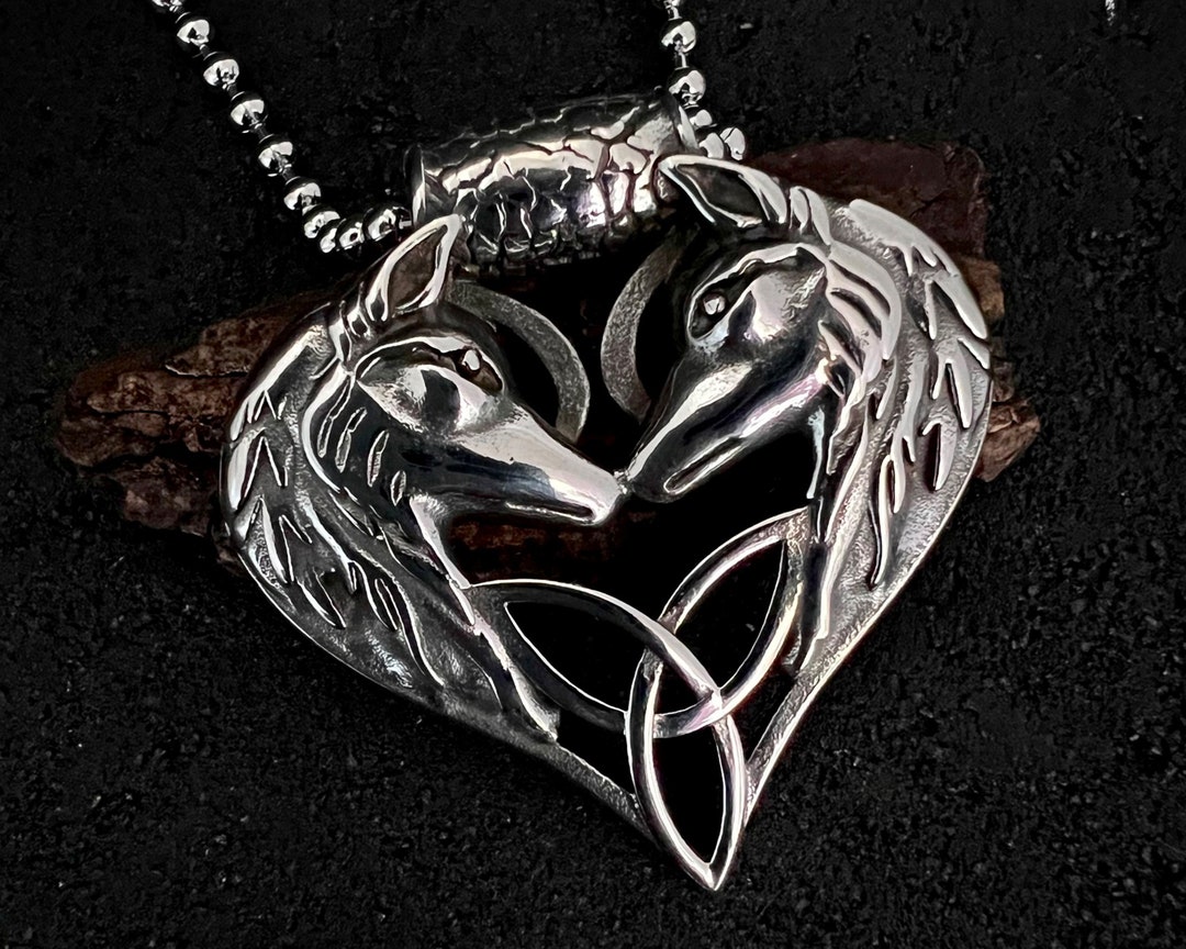 Enchanting Stainless Steel Wolf Pendant, Wolves Embracing Necklace ...