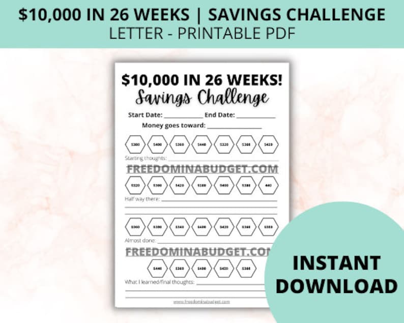 10,000 in 26 Weeks | Money Saving Challenge Printable | Savings Tracker ...