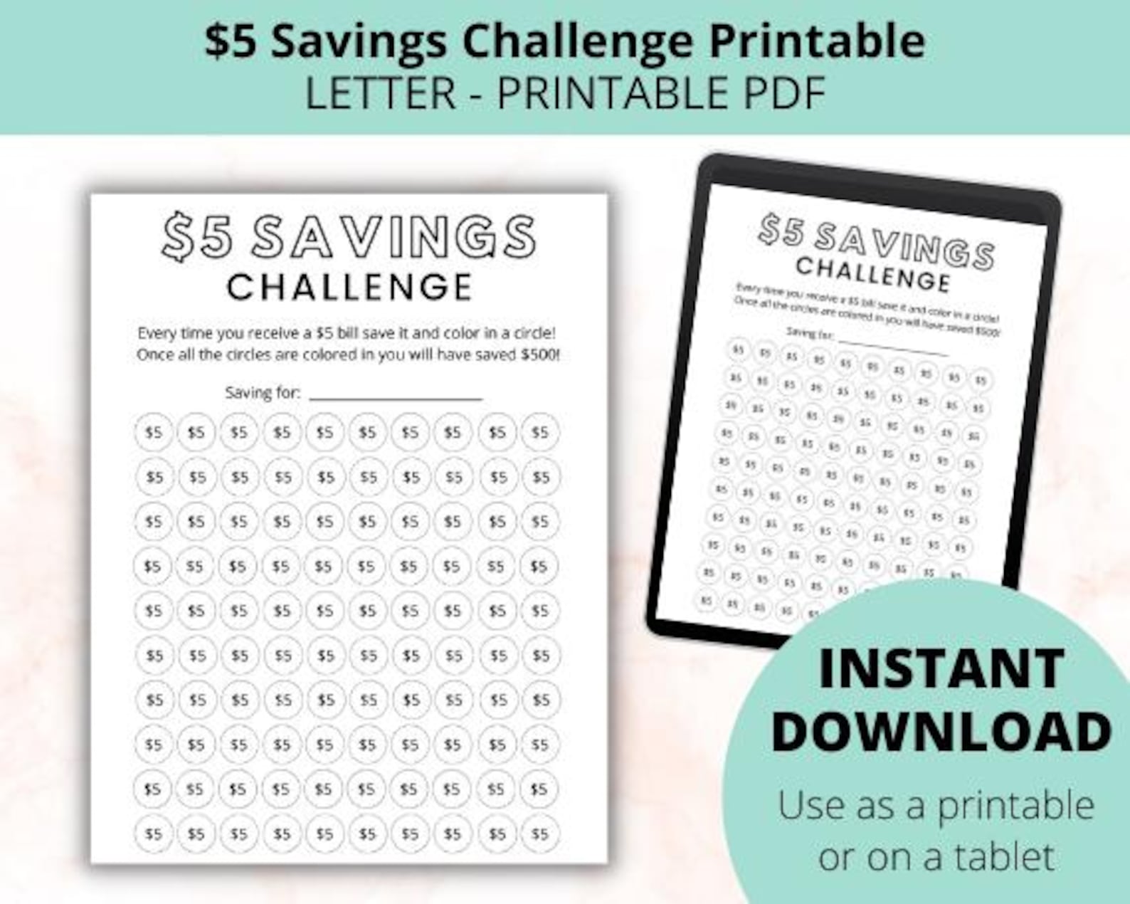 Money Saving Challenge Printable | 5 Dollar Savings Challenge | Savings ...