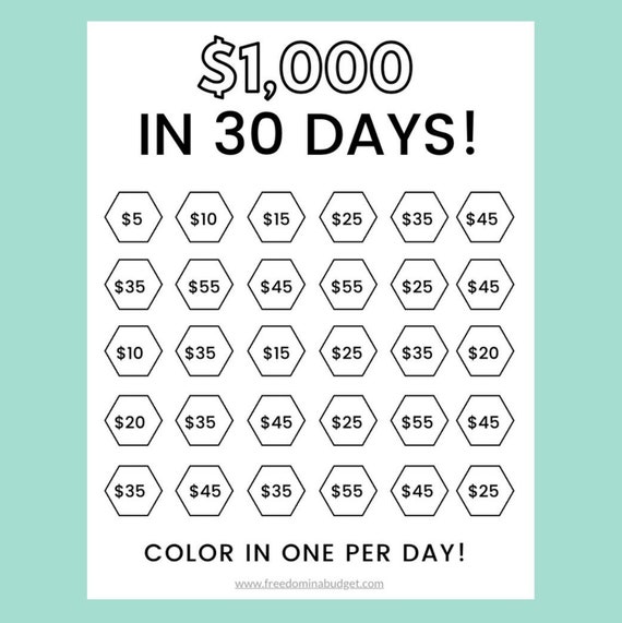 Money Saving Challenge Printable Save 1000 In 30 Days Etsy Money Saving Challenge Printable Save 1000 In 30 Days Etsy