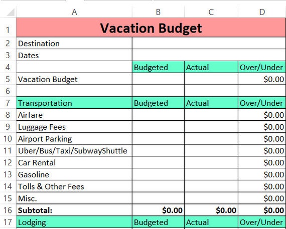 Vacation Budget Template Database