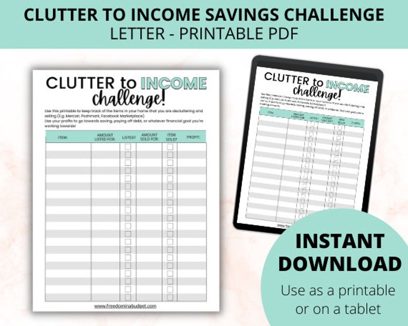 Money Saving Challenge Printable | CLUTTER TO INCOME Savings Challenge ...